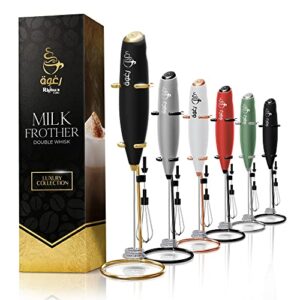 righwa milk frother & egg beater - 2-in-1 handheld frother for coffee & egg whisker - battery-operated frother with stand - auto shutoff, powerful motor - kitchen tools & coffee station accessories