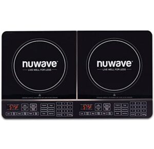 nuwave double induction cooktop, powerful 1800w, 2 large 8” heating coils, independent controls, 94 temp settings from 100°f to 575°f in 5°f increments, 2 x 11.5” shatter-proof ceramic glass surface