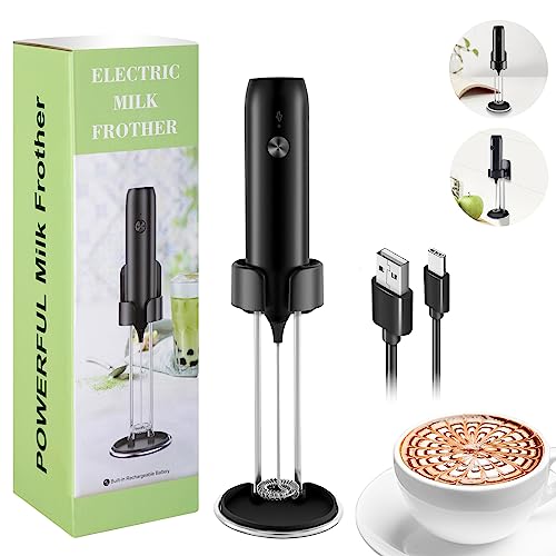 Rechargeable Milk Frother Handheld with USB-C Cable, Electric Drink Mixer, 14000RPM Powerful Electric Whisk/Coffee Frother for Latte, Matcha, Protein Powder, Hot Chocolate (Black)