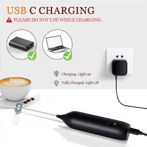 Rechargeable Milk Frother Handheld with USB-C Cable, Electric Drink Mixer, 14000RPM Powerful Electric Whisk/Coffee Frother for Latte, Matcha, Protein Powder, Hot Chocolate (Black)