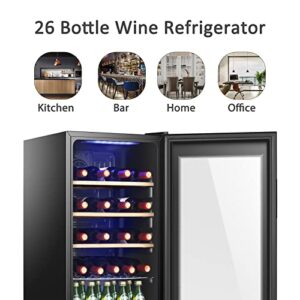 HAILANG 26 Bottle Wine Cooler Refrigerator, Freestanding Wine Cellar, 3.4 cu.ft Wine Fridge for Red & White, Glass Door