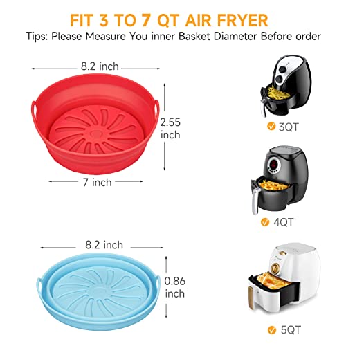 2 Pcs Silicone Air Fryer Liners for 3 to 7 QT,Collapsible Silicone Liners for Air Fryer Basket, Reusable Silicone Pot Baking Tray Oven Accessories Easy Cleaning Heat Resistant -Top 8.2'' Bottom 7''