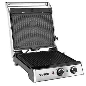 VEVOR Electric Contact Grills, 1500W Indoor Countertop Panini Press Griddle, Sandwich Maker with Non Stick,2 Reversible Iron Cooking Plates,0-446℉ Adjustable Temperature Control,Timer Function,120V