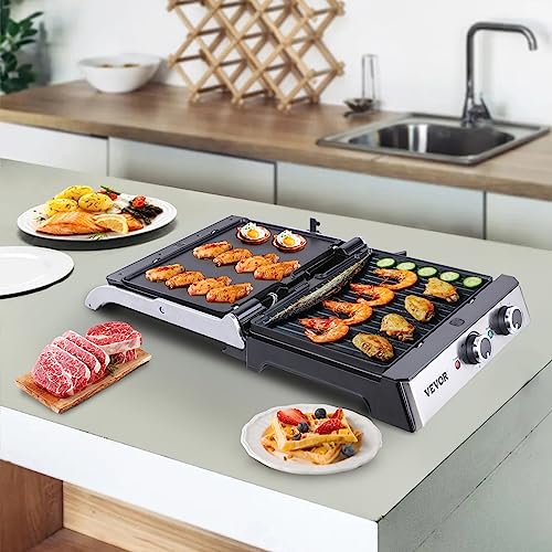 VEVOR Electric Contact Grills, 1500W Indoor Countertop Panini Press Griddle, Sandwich Maker with Non Stick,2 Reversible Iron Cooking Plates,0-446℉ Adjustable Temperature Control,Timer Function,120V