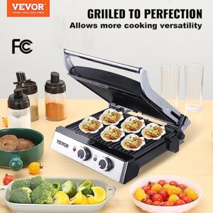 VEVOR Electric Contact Grills, 1500W Indoor Countertop Panini Press Griddle, Sandwich Maker with Non Stick,2 Reversible Iron Cooking Plates,0-446℉ Adjustable Temperature Control,Timer Function,120V