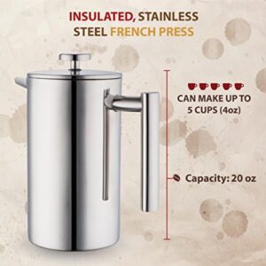 Double Wall Tea & Coffee Brewer | Stainless Steel Coffee Pot & Maker - French Press 20 oz or 600 ml Coffee Pot