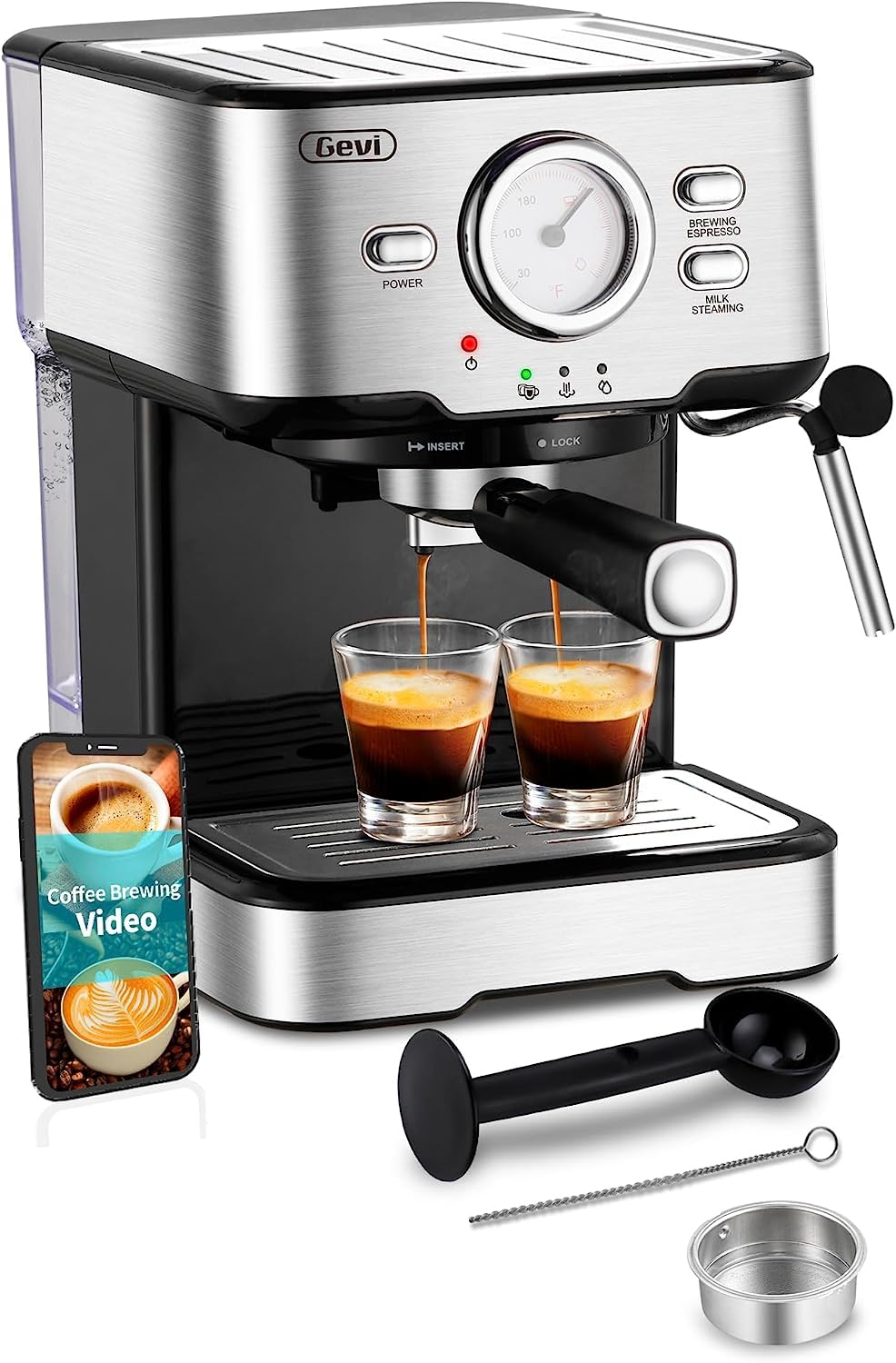 Gevi Espresso Machine 15 Bar Pump Pressure, Cappuccino Coffee Maker with Milk Foaming Steam Wand for Latte, Mocha, Cappuccino, 1.5L Water Tank （Carbon Black）