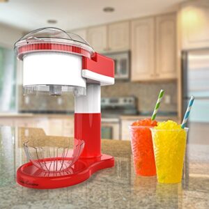 Shaved Ice Maker- Snow Cone, Italian Ice, and Slushy Machine for Home Use, Countertop Electric Ice Shaver/Chipper with Cup by Classic Cuisine, Red/White