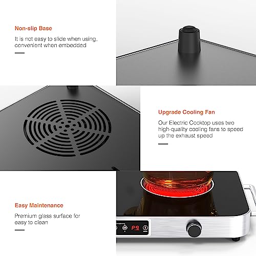 VBGK Electric Cooktop, 120V Induction Cooktop with 2 Burners, Electric Stove Top with Knob Control, 2200W Countertop Burners 9 Power Levels, Child Safety Lock and 99 MinTimer