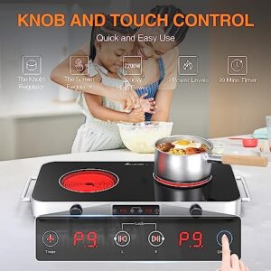 VBGK Electric Cooktop, 120V Induction Cooktop with 2 Burners, Electric Stove Top with Knob Control, 2200W Countertop Burners 9 Power Levels, Child Safety Lock and 99 MinTimer