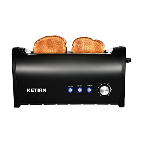 Long Slot Toaster, KETIAN 2 Slice 1.65'' Extra Wide Slot Stainless Steel Toaster Single Slot Slim Bread Toasters,Reheat Defrost Cancel Functions,6 Shade Settings,Removable Crumb Tray,Matte Black