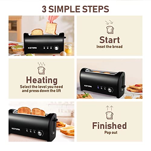 Long Slot Toaster, KETIAN 2 Slice 1.65'' Extra Wide Slot Stainless Steel Toaster Single Slot Slim Bread Toasters,Reheat Defrost Cancel Functions,6 Shade Settings,Removable Crumb Tray,Matte Black