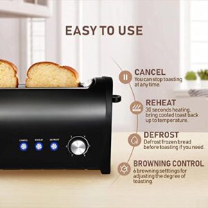 Long Slot Toaster, KETIAN 2 Slice 1.65'' Extra Wide Slot Stainless Steel Toaster Single Slot Slim Bread Toasters,Reheat Defrost Cancel Functions,6 Shade Settings,Removable Crumb Tray,Matte Black