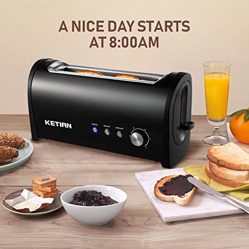 Long Slot Toaster, KETIAN 2 Slice 1.65'' Extra Wide Slot Stainless Steel Toaster Single Slot Slim Bread Toasters,Reheat Defrost Cancel Functions,6 Shade Settings,Removable Crumb Tray,Matte Black