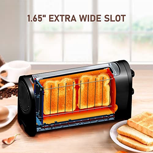 Long Slot Toaster, KETIAN 2 Slice 1.65'' Extra Wide Slot Stainless Steel Toaster Single Slot Slim Bread Toasters,Reheat Defrost Cancel Functions,6 Shade Settings,Removable Crumb Tray,Matte Black