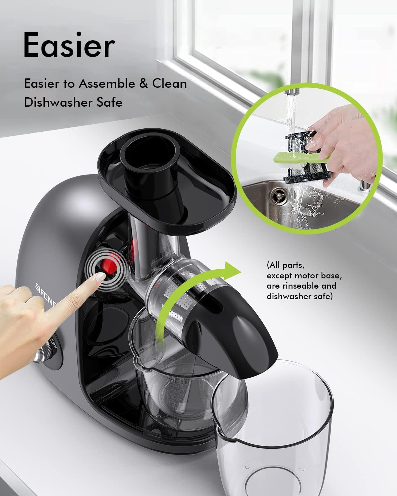 Slow Masticating Juicer Machines, SiFENE Cold Press Juicer for Fruit & Vegetable, 90% Juice Yield Maker Extractor with Soft/Hard Modes, Quiet Motor & Anti-Clog System, Easy to Clean