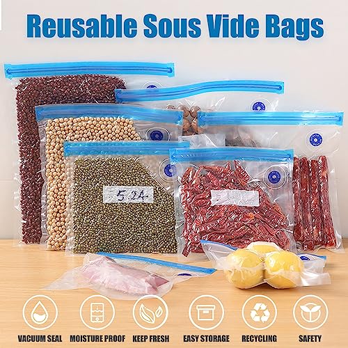 Sous Vide Bags,20pcs Reusable Vacuum Sealer Bags Kit,15 Mixed Sizes BPA Free Zipper Bags for Food,4 Sealing Clips,1 Hand Pump for Food Storage and Sous Vide Cooking