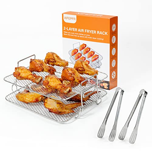 XIFEPFR Air Fryer Rack for COSORI Air Fryer 5.8Qt, 8 inch Square Double Stackable Racks, 304 Stainless Steel Multi-Layer Dehydrator Rack Air Fryer Accessories with Cooking Tongs Parchment Paper Liners