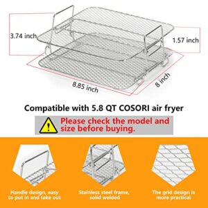 XIFEPFR Air Fryer Rack for COSORI Air Fryer 5.8Qt, 8 inch Square Double Stackable Racks, 304 Stainless Steel Multi-Layer Dehydrator Rack Air Fryer Accessories with Cooking Tongs Parchment Paper Liners