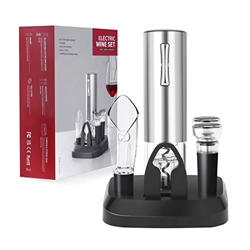 AIOVEN Electric Wine Opener with Charging Base, Automatic Electric Wine Bottle Corkscrew Opener Gift Set with 2-in-1 Aerator & Pourer, Foil Cutter, 2 Vacuum Stoppers, Rechargeable