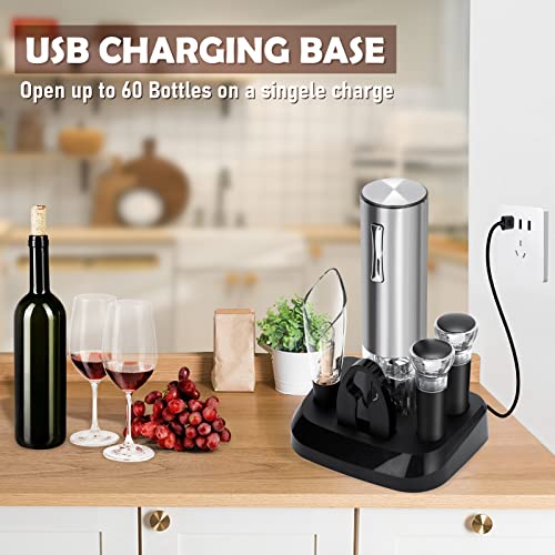 AIOVEN Electric Wine Opener with Charging Base, Automatic Electric Wine Bottle Corkscrew Opener Gift Set with 2-in-1 Aerator & Pourer, Foil Cutter, 2 Vacuum Stoppers, Rechargeable