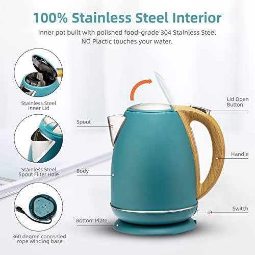 SULIVES 1500W Electric Kettle with 1.7L Capacity, LED Light Indicator, Auto Shut-Off and Dry Protection, Stainless Steel Interior and BPA-Free, Cordless Design, Fast Boiling Water Kettle for Daily Use