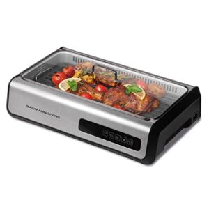 baumann living indoor smokeless grill 1500w with smart led touch screen, tempered glass lid, 2 removable ceramic nonstick grill & griddle plate, in a sleek design with brush chrome finish..