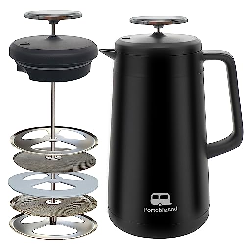 PortableAnd 34oz Double Vacuum Insulation Large Silicone French Press Coffee Maker, 5-Level Filtration, Metal Stainless Steel, Matte Black, Perfect for Camping, Travel, and At-Home Use