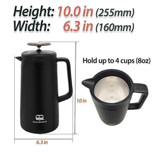 PortableAnd 34oz Double Vacuum Insulation Large Silicone French Press Coffee Maker, 5-Level Filtration, Metal Stainless Steel, Matte Black, Perfect for Camping, Travel, and At-Home Use