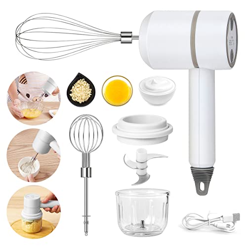 Suteng Electric Garlic Chopper, 3 IN 1 Rechargable Egg Beater Food Processor with 300ML Glass Container, Cordless Electric Blender for Kitchen Cooking Baking - White