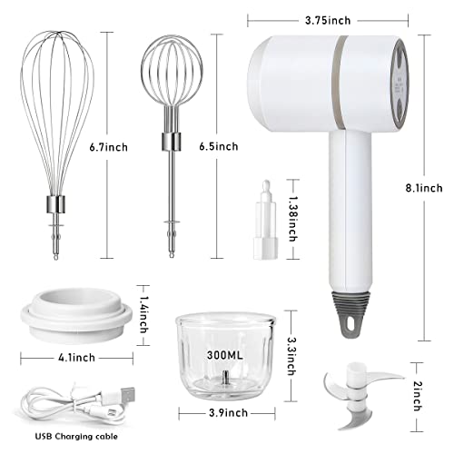 Suteng Electric Garlic Chopper, 3 IN 1 Rechargable Egg Beater Food Processor with 300ML Glass Container, Cordless Electric Blender for Kitchen Cooking Baking - White