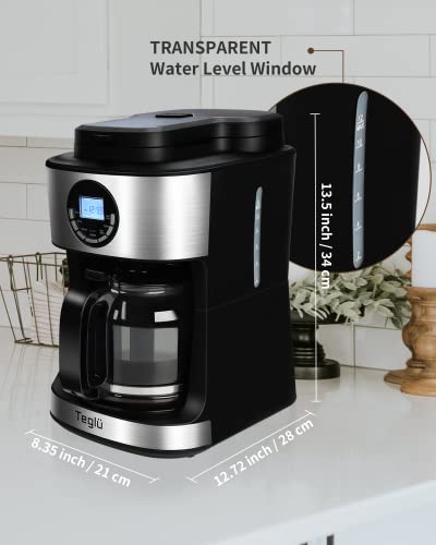 Teglu Coffee Maker with Grinder Built in 12 Cup, Programmable Grind and Brew Coffee Machine All in One with Warming Plate, Automatic Drip Coffee Pot with 60-oz Carafe BPA Free, 950W, Black-2023