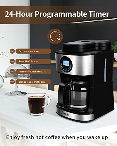 Teglu Coffee Maker with Grinder Built in 12 Cup, Programmable Grind and Brew Coffee Machine All in One with Warming Plate, Automatic Drip Coffee Pot with 60-oz Carafe BPA Free, 950W, Black-2023