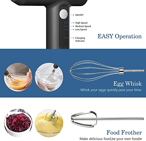 Cordless Electric Whisk - Hand Mixer Portable Handheld Electric Mixer with 3-speed Self-Control, 304 Stainless Steel Beaters & Balloon Whisk, for Whipping, Mixing,Pudding, Cookies, Cakes, Batters