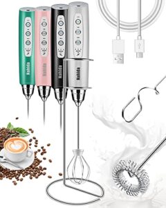 nahida handheld milk frother for coffee with stand， rechargeable drink foam mixer with 3 heads 3 speeds electric stirrers for latte, cappuccino, hot chocolate, egg, cord-free