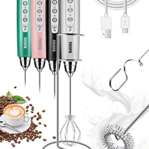 Nahida Handheld Milk Frother for Coffee with Stand， Rechargeable Drink Foam Mixer with 3 Heads 3 Speeds Electric Stirrers for Latte, Cappuccino, Hot Chocolate, Egg, Cord-Free