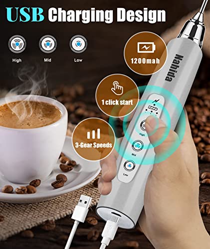 Nahida Handheld Milk Frother for Coffee with Stand， Rechargeable Drink Foam Mixer with 3 Heads 3 Speeds Electric Stirrers for Latte, Cappuccino, Hot Chocolate, Egg, Cord-Free