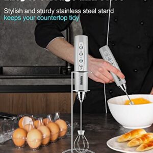 Nahida Handheld Milk Frother for Coffee with Stand， Rechargeable Drink Foam Mixer with 3 Heads 3 Speeds Electric Stirrers for Latte, Cappuccino, Hot Chocolate, Egg, Cord-Free