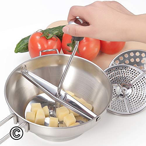 Rotary Food Mill Potato Ricer with 3 Interchangeable Disks, Great for Making Puree or Soups of Vegetables, Baby Foods, Stainless Steel 2-Quart Kitchen Mills, Easy Clean & Easy Assemble