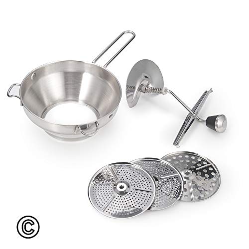 Rotary Food Mill Potato Ricer with 3 Interchangeable Disks, Great for Making Puree or Soups of Vegetables, Baby Foods, Stainless Steel 2-Quart Kitchen Mills, Easy Clean & Easy Assemble