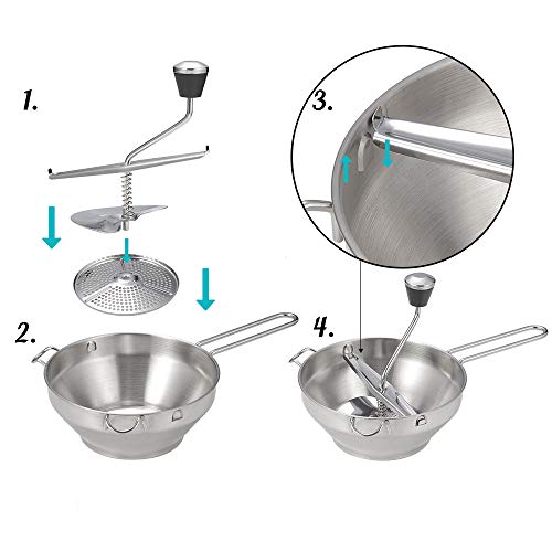 Rotary Food Mill Potato Ricer with 3 Interchangeable Disks, Great for Making Puree or Soups of Vegetables, Baby Foods, Stainless Steel 2-Quart Kitchen Mills, Easy Clean & Easy Assemble