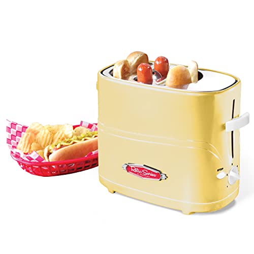 Nostalgia 2 Slot Hot Dog and Bun Toaster with Mini Tongs, Hot Dog Toaster Works with Chicken, Turkey, Veggie Links, Sausages and Brats