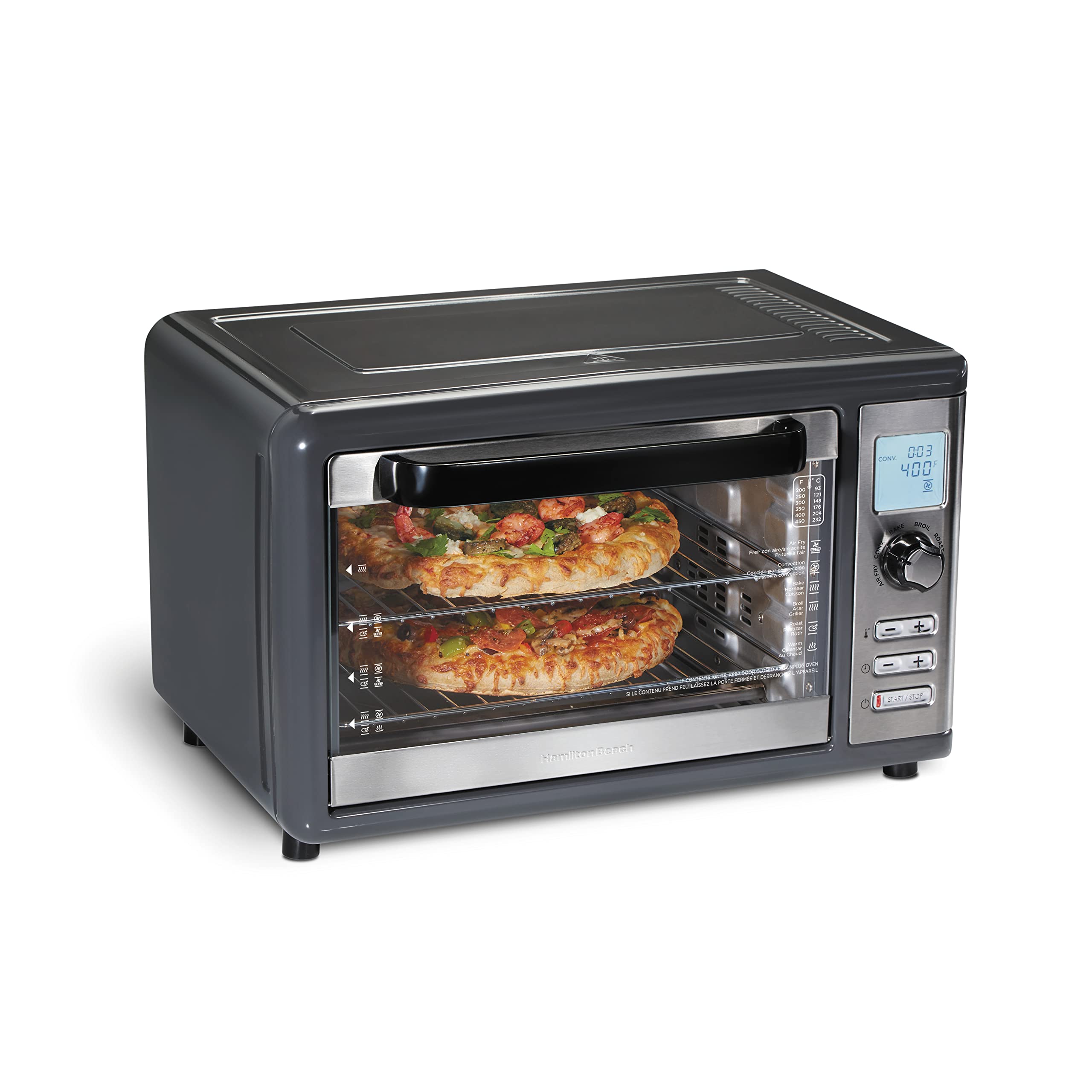 Hamilton Beach Countertop Air Fryer Oven with Sure-Crisp Technology, XL Capacity for 2 12” Pizzas, Two 9” x 13” Pans and 4 Rack Positions, Digital Controls, Grey (31390)