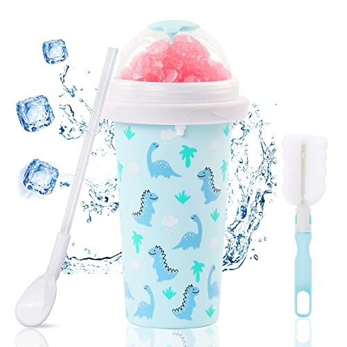 New Cartoon Dinosaur Slushy Cup, Quick Frozen Magic Slushie Maker Cup, Double Layers Slushie Cup with Cup Brush Straw and Spoon, DIY Homemade Squeeze Slushy Maker Cup for Drinks Juices and Milk