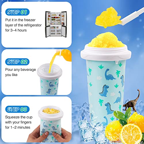 New Cartoon Dinosaur Slushy Cup, Quick Frozen Magic Slushie Maker Cup, Double Layers Slushie Cup with Cup Brush Straw and Spoon, DIY Homemade Squeeze Slushy Maker Cup for Drinks Juices and Milk