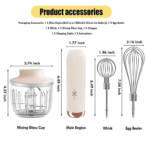 Electric Hand Mixer with 2 Whisks for Cooking Baking Supplies 4-Speed, Rechargeable Portable and Cordless Mini Food Processor for Baby Food Blender Puree & Meat,Ginger,Chili,Onion and Garlic Chopper