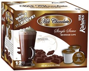 dairy free, hot chocolate cups, compatible with k cup coffee maker, (12 cups), caffeine free, vegan