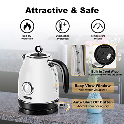 1.7L Electric Kettle Water Boiler with Thermometer for Boiling Water, 1500W Hot Water Heater with Temperature Gauge and Auto Shut Off, Boil Dry Protection, White