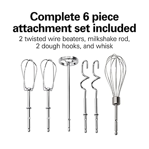 Hamilton Beach Electric Hand Mixer with Snap-On Case, Twisted Wire Beaters, Milkshake Rod, Dough Hook, Whisk, 6-Speed, Black