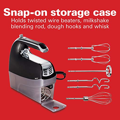 Hamilton Beach Electric Hand Mixer with Snap-On Case, Twisted Wire Beaters, Milkshake Rod, Dough Hook, Whisk, 6-Speed, Black